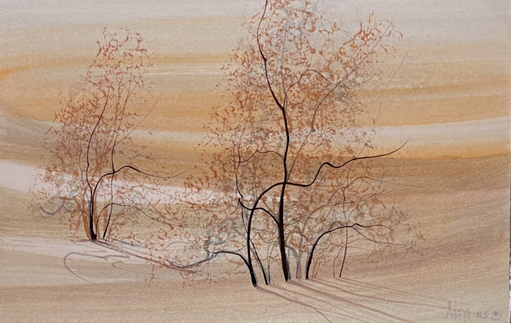 Peach And Tan Landscape Painting | P. Buckley Moss | Trees